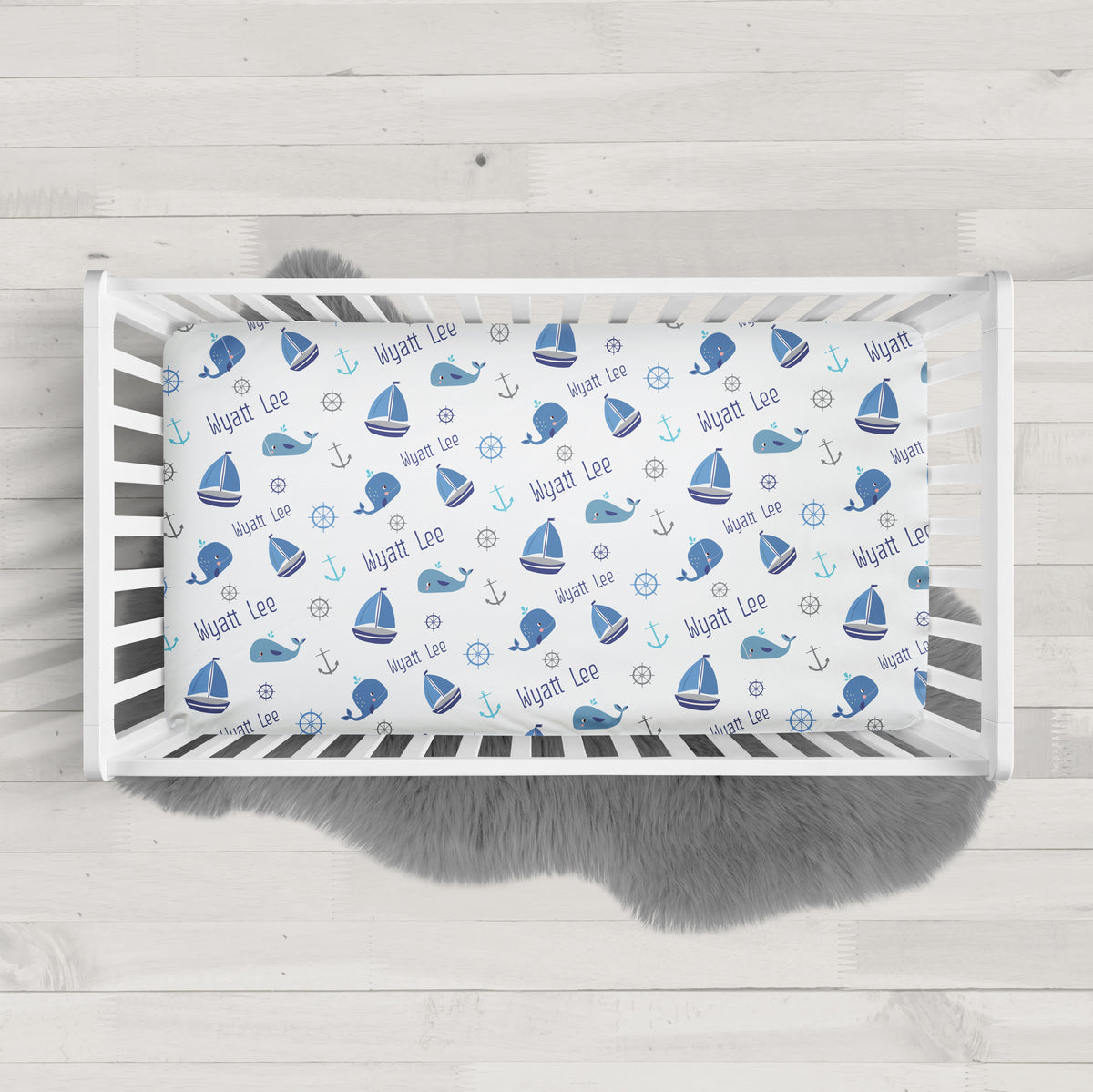 Nautical Personalized Crib Sheet - Boats and Whales - Pipsy